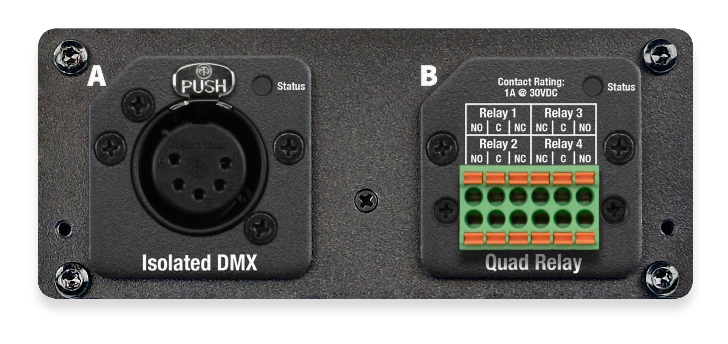 Rear view of SmartNode 2-port chassis populated with an Isolated DMX ...